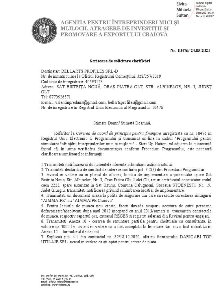 Scrisoare Solicitare Clarificari RUE 10476 - 2 | PDF