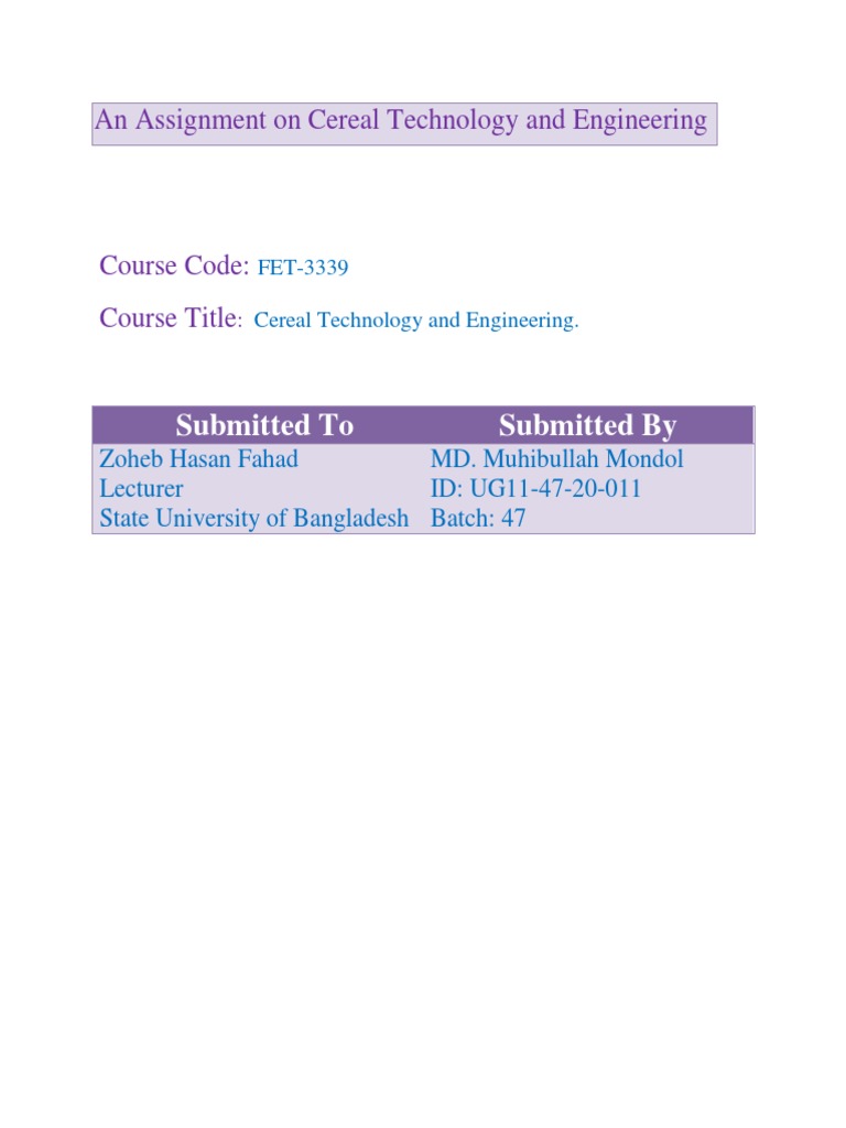 An Assignment On Cereal Technology and Engineering | PDF | Thermal ...