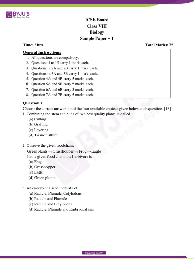 ICSE Class 8 Biology Sample Paper 1 | PDF | Adrenal Gland | Endocrine ...