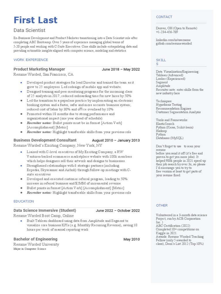 Career Change Data Scientist - Entry - Mid Level Template | PDF