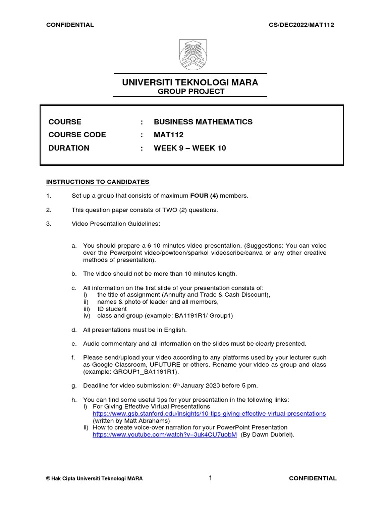 Mat112 Assessment 3 Group Project Disember 2022 Set C | PDF