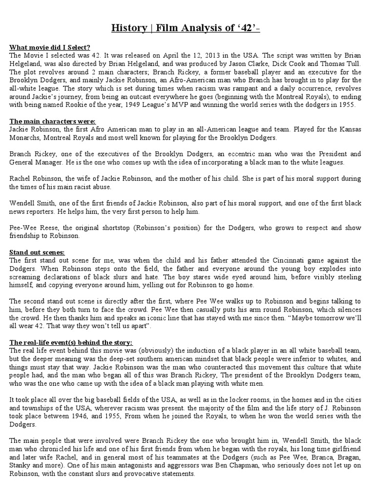 History - Film Analysis of 42' | PDF | Jackie Robinson | Major League ...