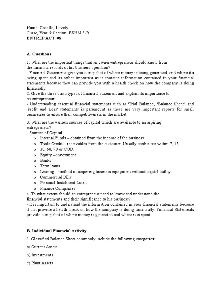 ENTREP#6 | PDF | Balance Sheet | Financial Statement