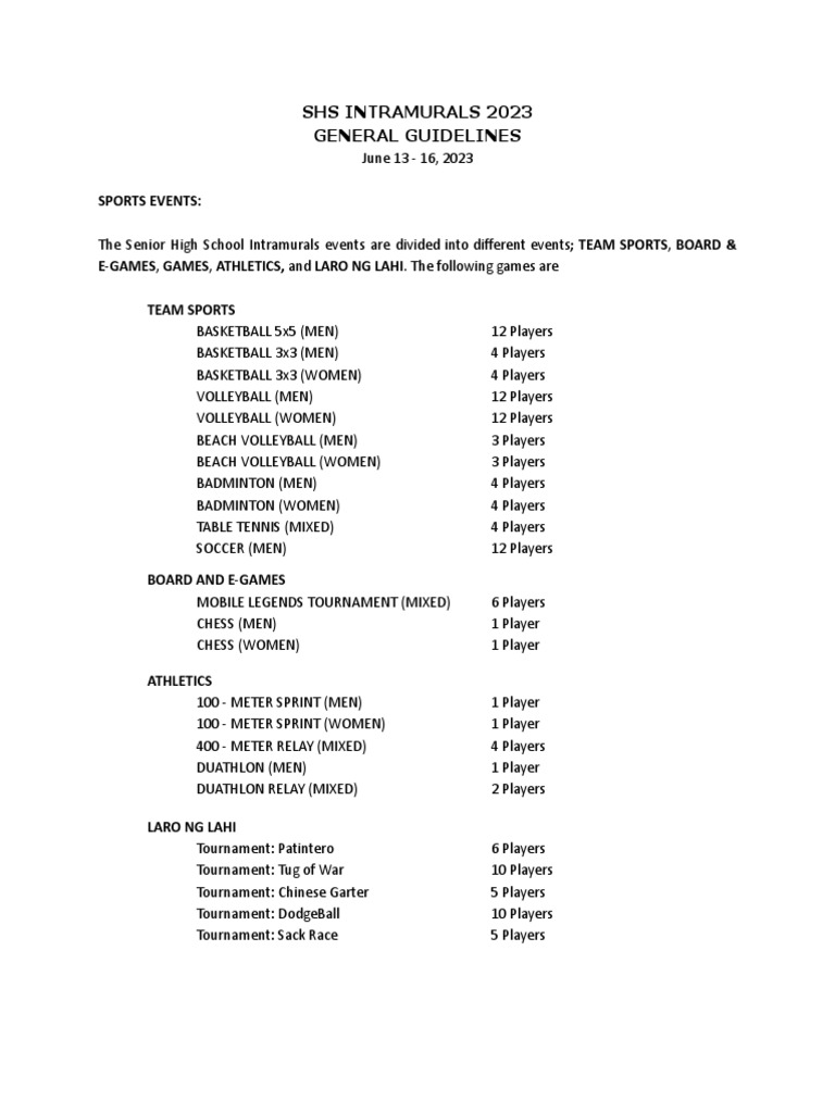 SHS Intramurals 2023 Official Guidelines | PDF | Dances | Leisure