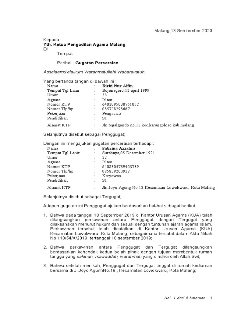 Contoh Gugatan Cerai Gugat Hadhanah | PDF