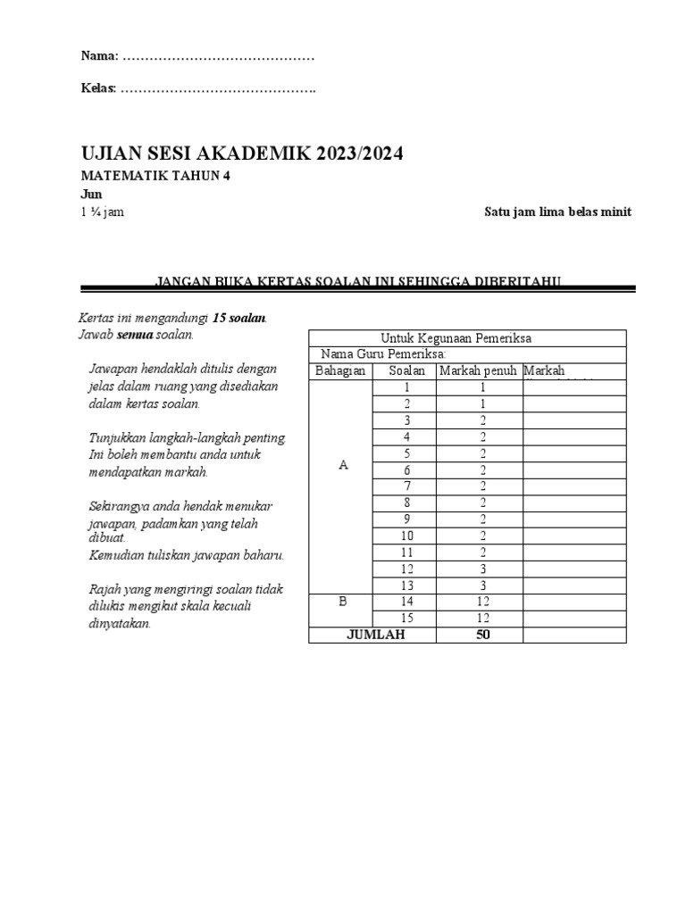 Uasa Matematik Tahun 4 2023 | PDF