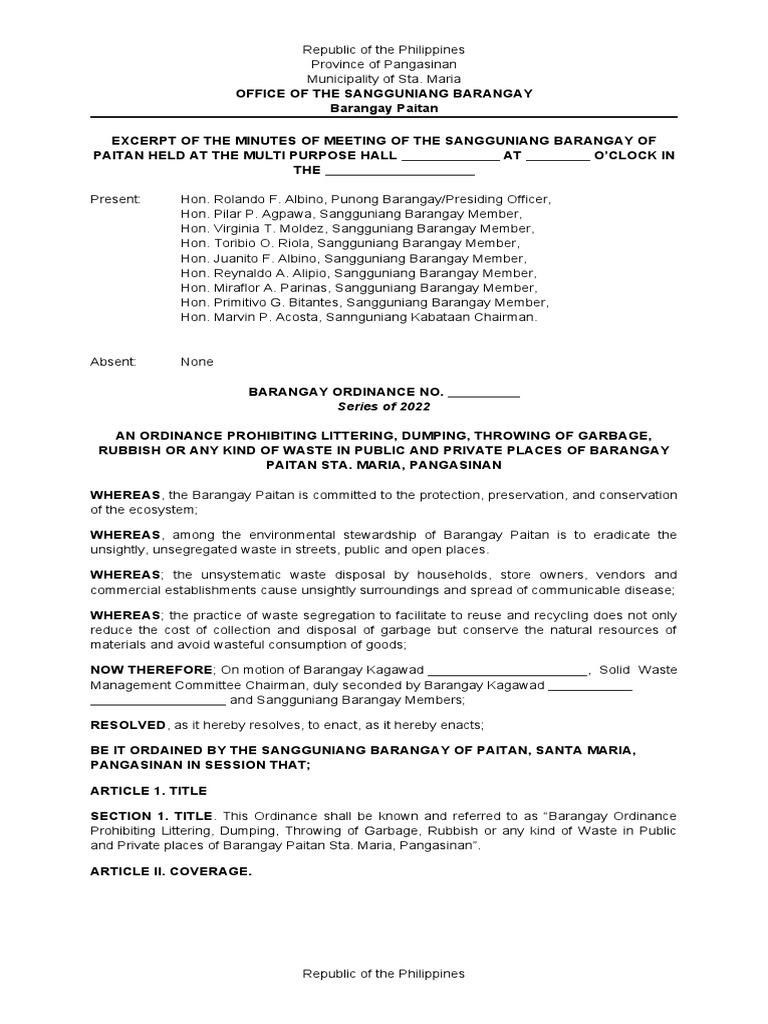 Barangay Ordinance On Anti-Littering Ordinance 2022 | PDF | Waste ... Barangay Ordinance On Anti-Littering Ordinance 2022 | PDF | Waste ...