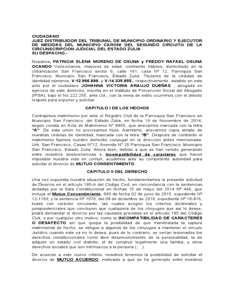 Modelo de Mutuo Consentimiento | PDF | Divorcio | Gobierno