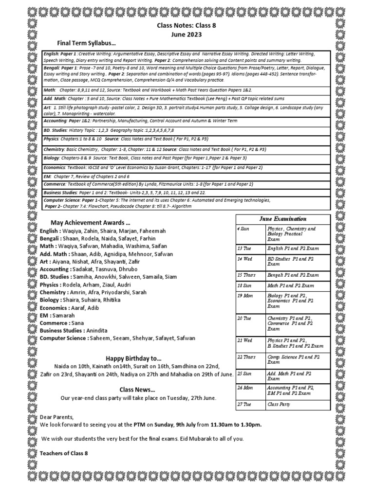 Class Notes 29.11 Middle-Cls 8 | PDF | Essays | Books