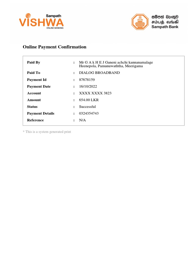 Online Payment Confirmation - DIALOG 654 LKR | PDF | Finance & Money Management