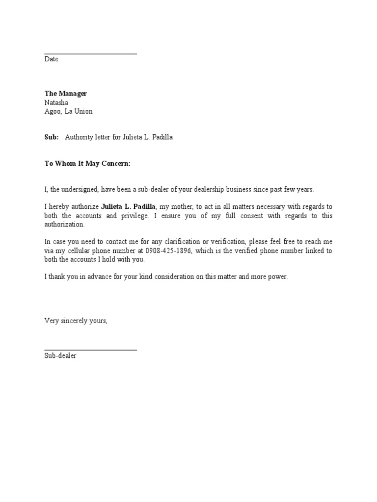 Natasha Authorization Letter | PDF