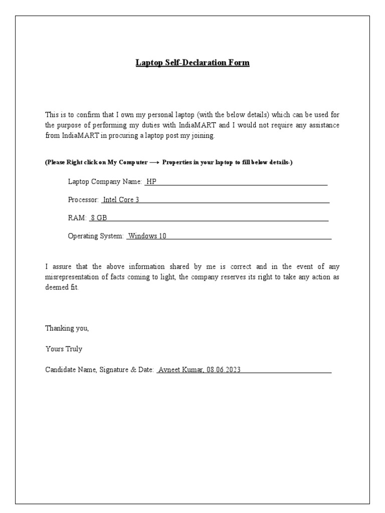 Laptop Declaration Form India Mart | PDF
