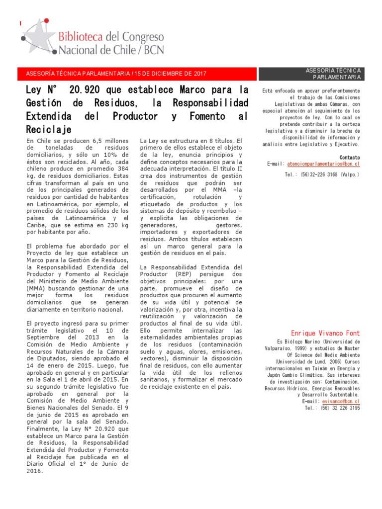 Resumen Ley 20920 REP y Reciclaje 2017 | PDF