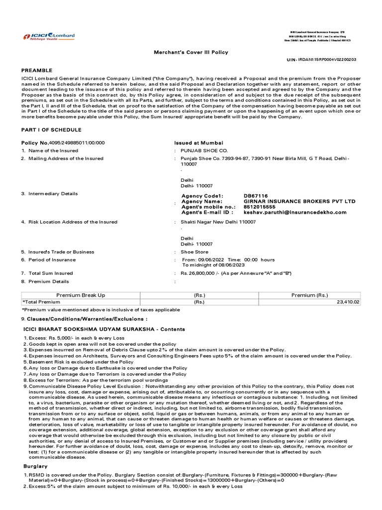 PUNJAB SHOW CO Merchant - Cover 2022 2023 | PDF | Insurance | Liability ...