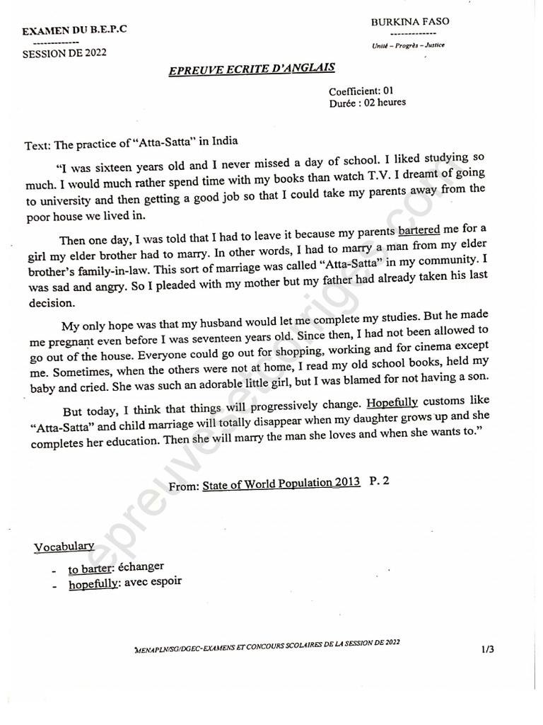 Epreuve Bepc 2022 Anglais Burkina Fasso-1 | PDF