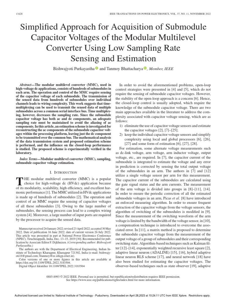 Simplified Approach For Acquisition of Submodule Capacitor Voltages of The Modular Multilevel ...