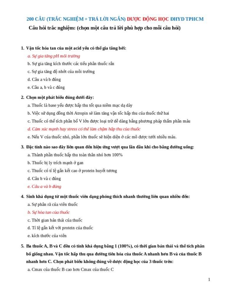 (123doc) - 200-Cau-Trac-Nghiem-Tra-Loi-Ngan-Mon-Duoc-Dong-Hoc-Truong-Ump-Co-Dap-An-Full | PDF