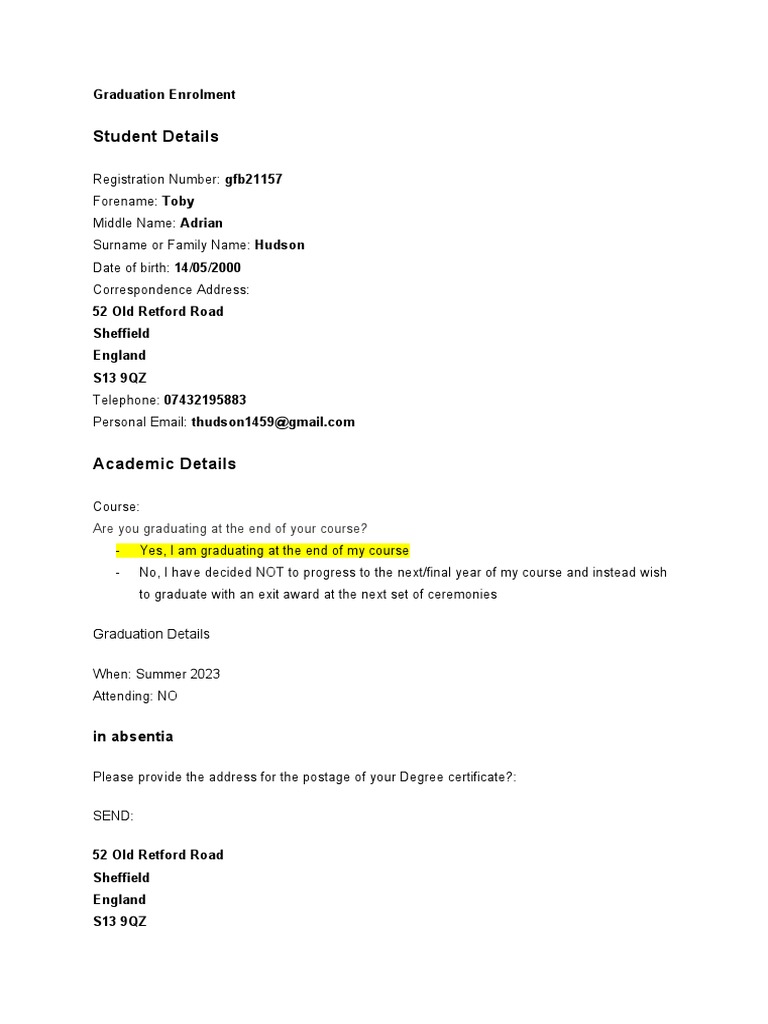 Graduation Enrollment Details for Toby Hudson | PDF