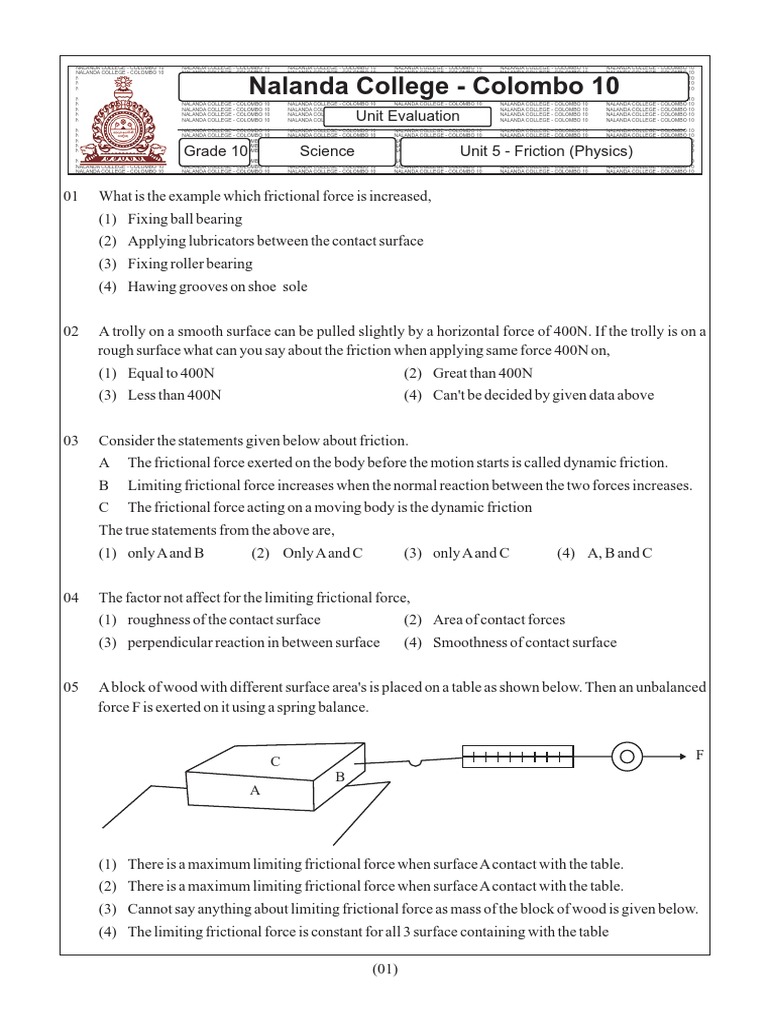 Grade 10 Science Unit 5: Friction Test | PDF | Friction | Force