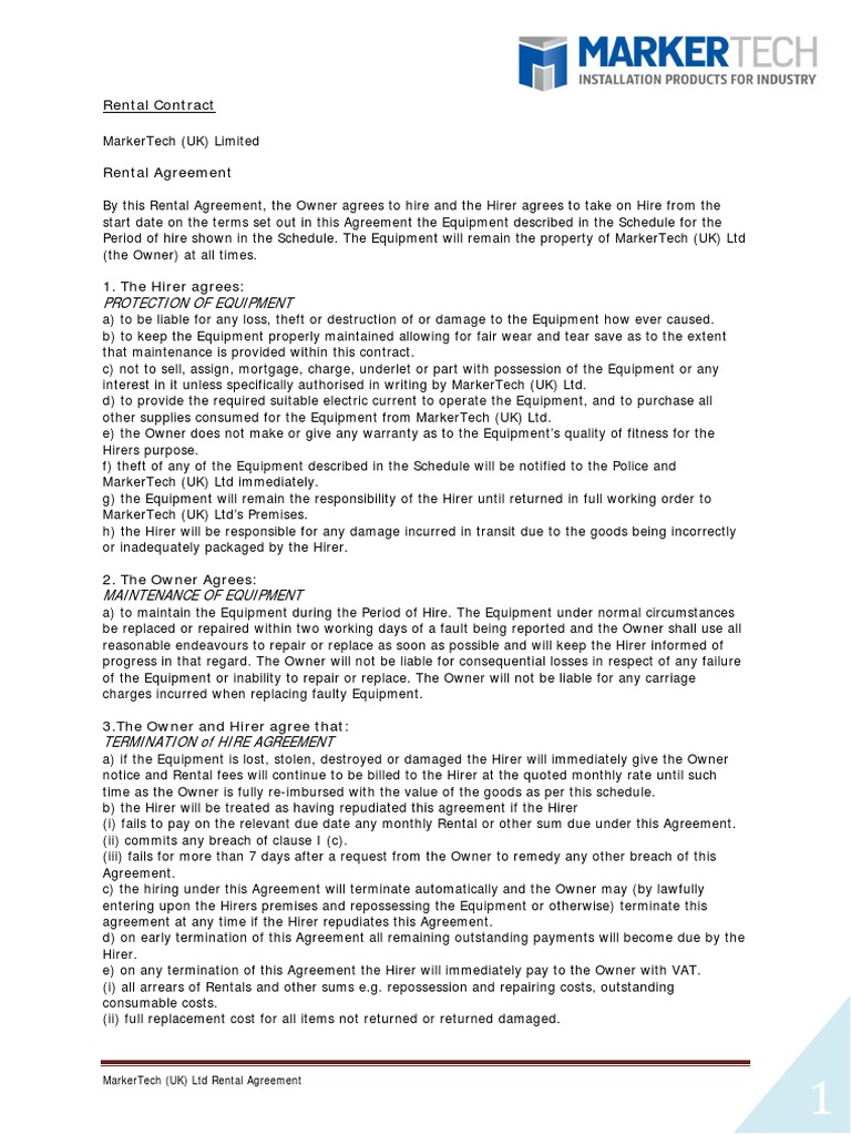 Equipment Hire and Rental Agreement | PDF | Breach Of Contract | Renting