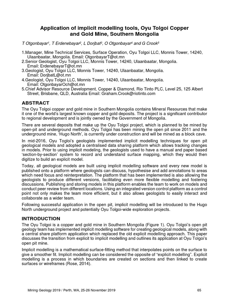 Application of Implicit Modelling Tools, Oyu Tolgoi Copper and Gold Mine, Southern Mongolia | PDF