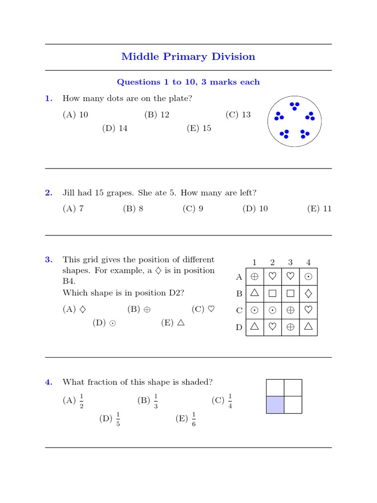 Middle Primary Math Questions and Answers | PDF
