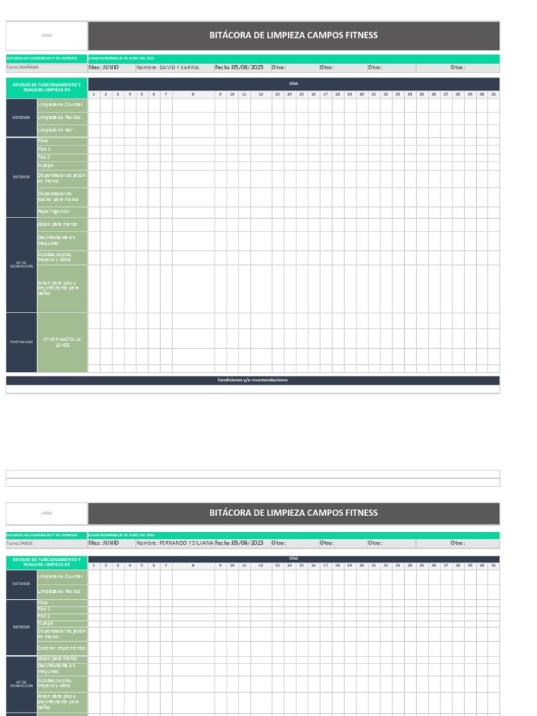 Formato de Bitacora de Limpieza Excel | PDF