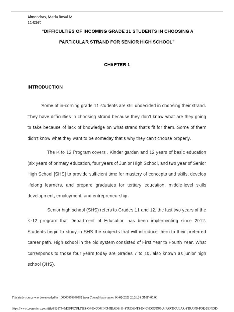 DIFFICULTIES OF INCOMING GRADE 11 STUDENTS IN CHOOSING A PARTICULAR ...