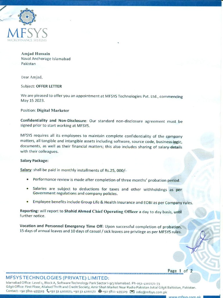 Amjad Offer Letter | PDF
