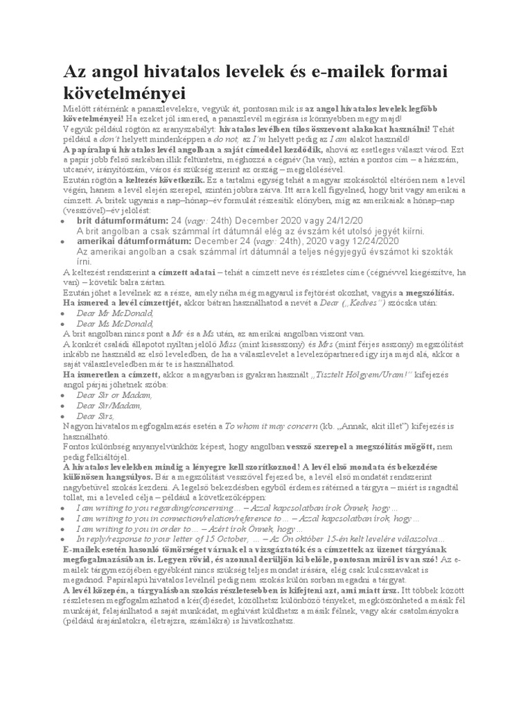 Az Angol Hivatalos Levelek És E-Mailek Formai Követelményei | PDF