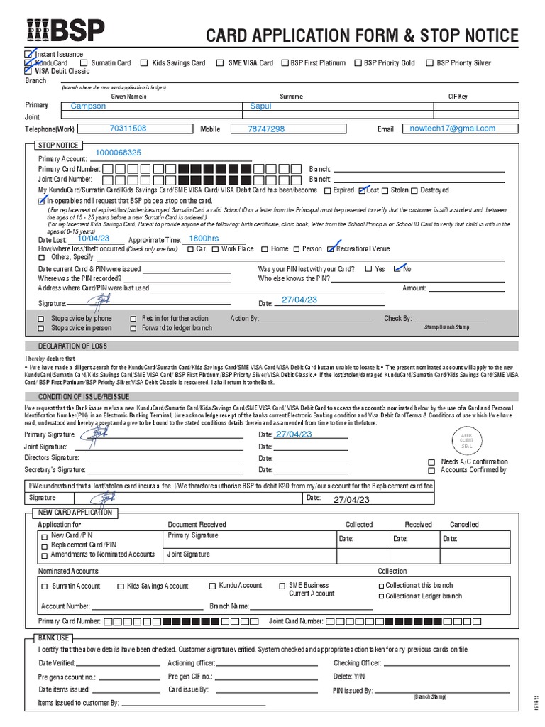 BSP Card Application and Stop Notice Form | PDF | Debit Card | Visa Inc.