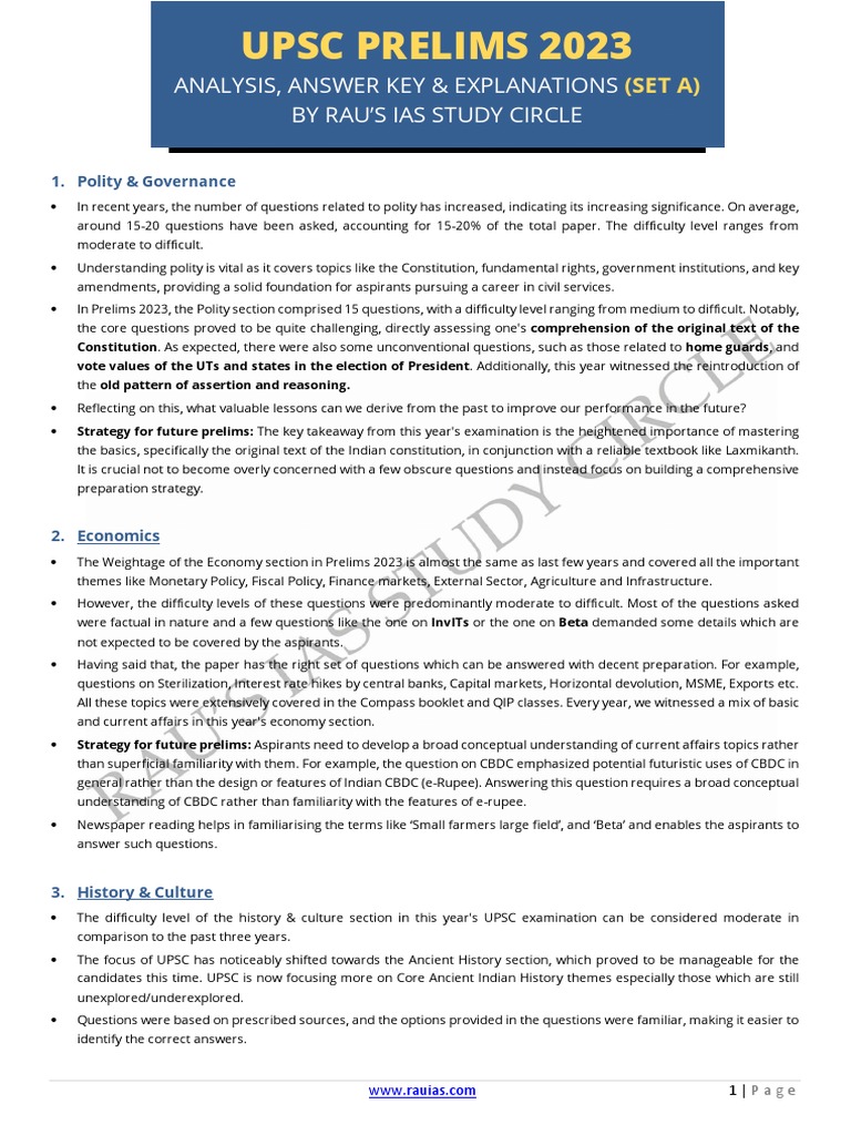 UPSC PRELIMS Paper I, 2023 Analysis, Answers & Explanation | PDF