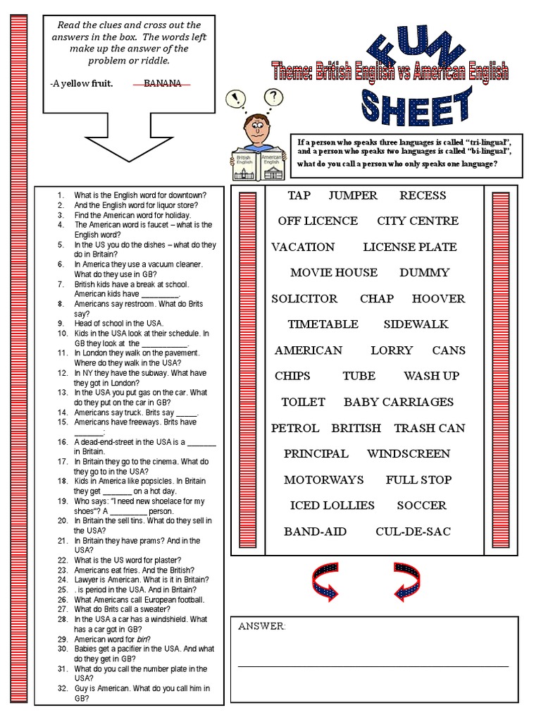 Fun Sheet British English Vs American English Fun Activities Games ...