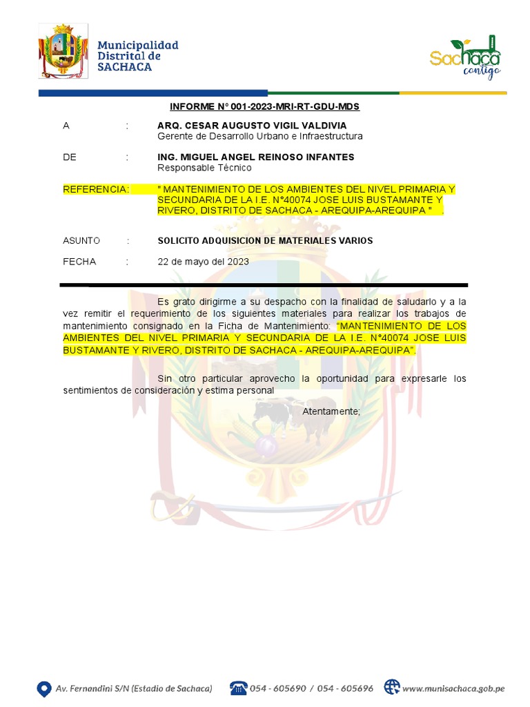 Informe N°001-2023 - RQ Materiales Varios | PDF Informe N°001-2023 - RQ Materiales Varios | PDF