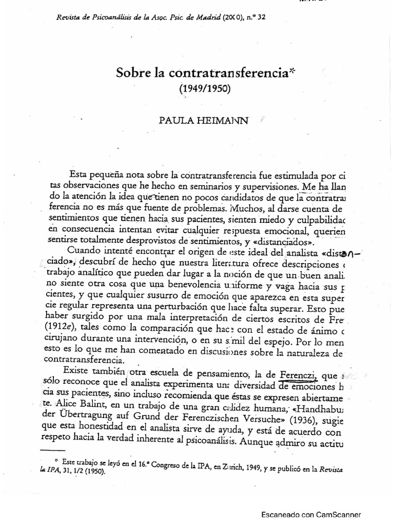 Paula Heimann "Sobre La Contratransferencia" (1949 - 1950) | PDF