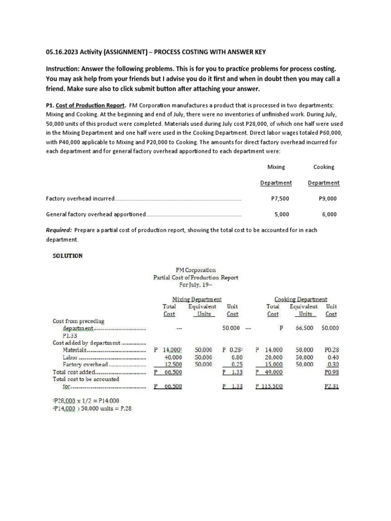 05.16.2023 ASSIGNMENT Activity Problem With Theories-Process Costing ...