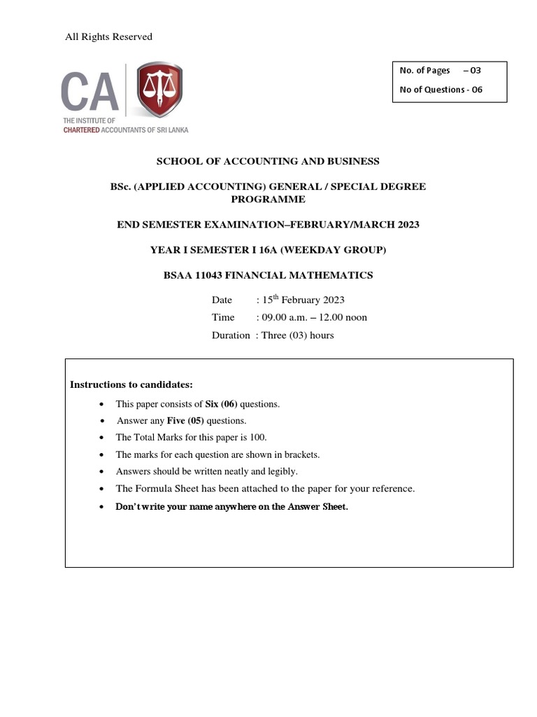 Financial Mathematics 16A WD - Prepared by Mr. Ramesh Rajasuriya | PDF ...