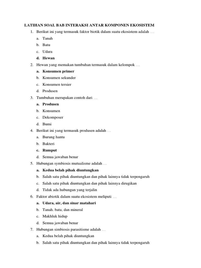 Latihan Soal Bab Interaksi Antar Komponen Ekosistem | PDF