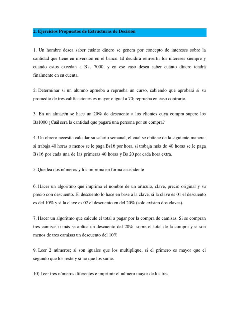 Ejercicios Propuesto Unidad 4condicional e Iterativas | Descargar ...