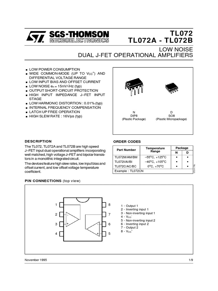Tl072 Low Noise Dual J-Fet Opamps | PDF | Operational Amplifier | Amplifier