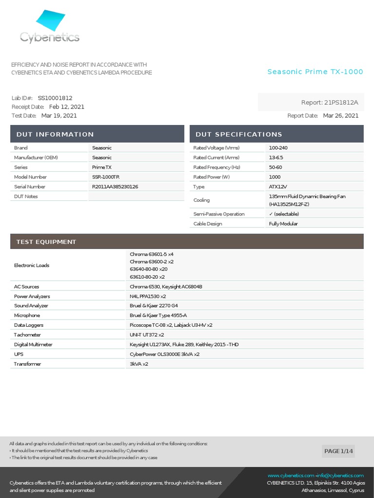 Cybenetics - Evaluation - Report - Seasonic - Prime TX-1000 | PDF | Rectifier | Power (Physics)
