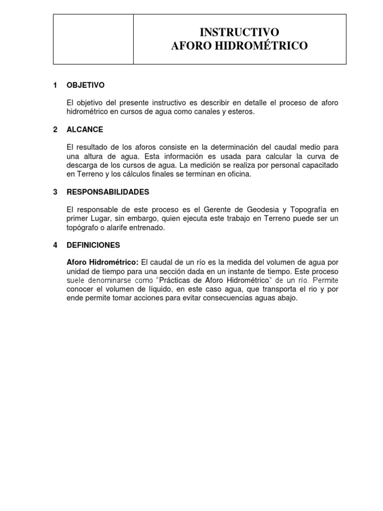Instructivo de Aforo Hidrométrico | PDF | Descarga (hidrología) | Residuos