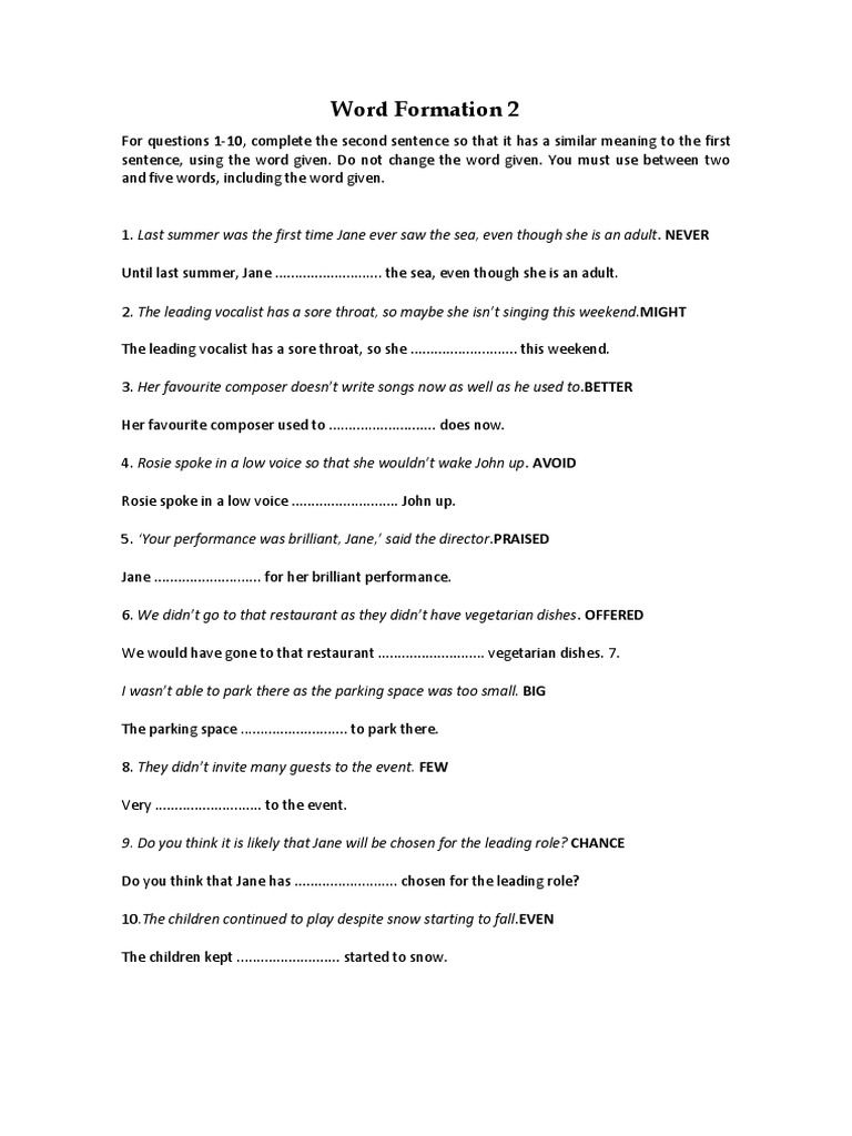 Word Formation Sentence Completion | PDF | Cognitive Science | Syntax
