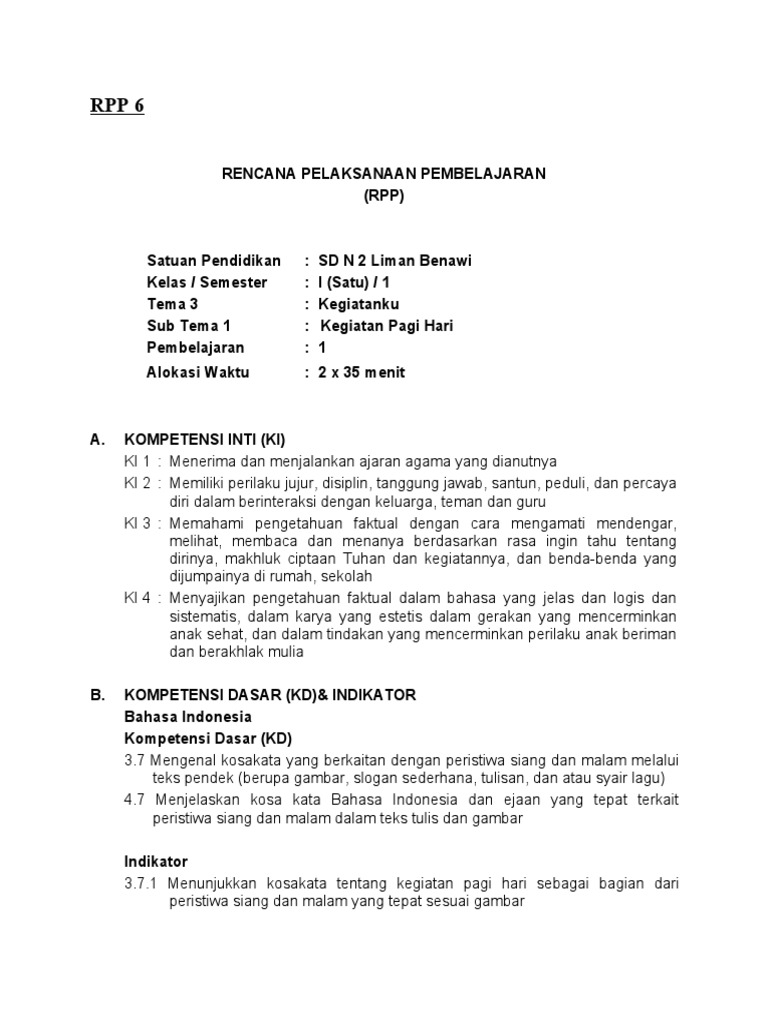 RPP Kelas 1 SD | PDF | Sains & Matematika