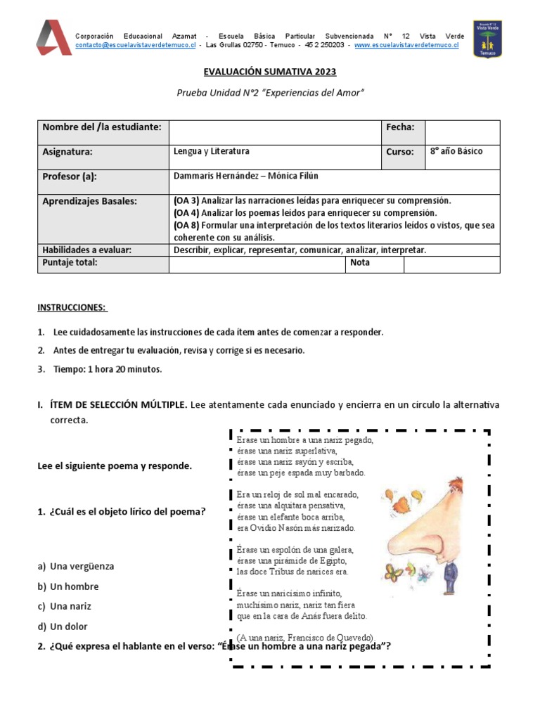 Evaluación de Lengua y Literatura 8° Básico | PDF | Poesía | Metáfora