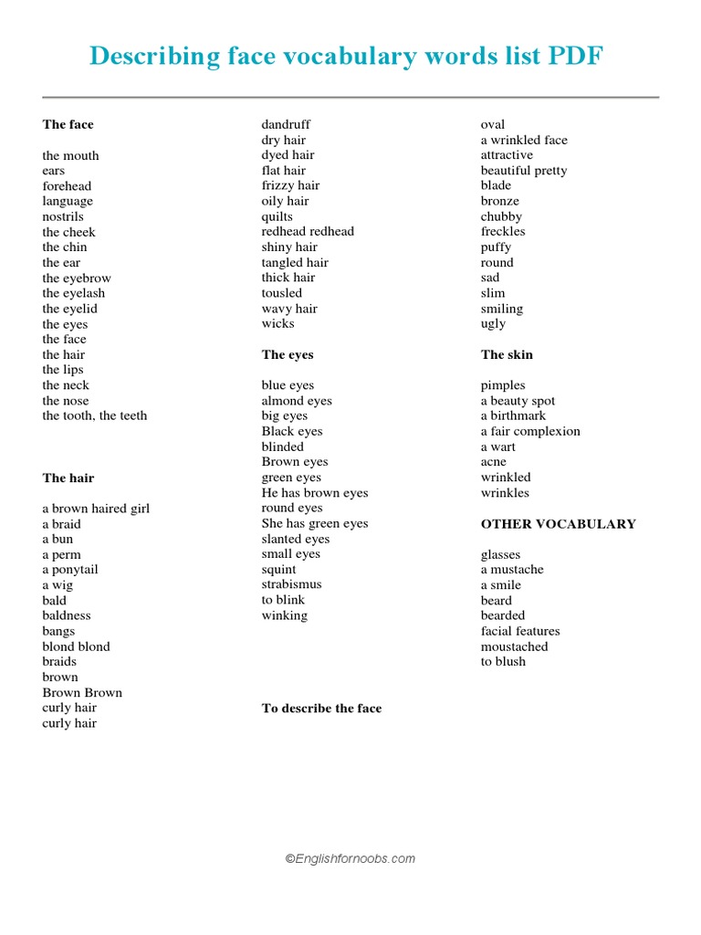 Describing Face Vocabulary Words List | PDF
