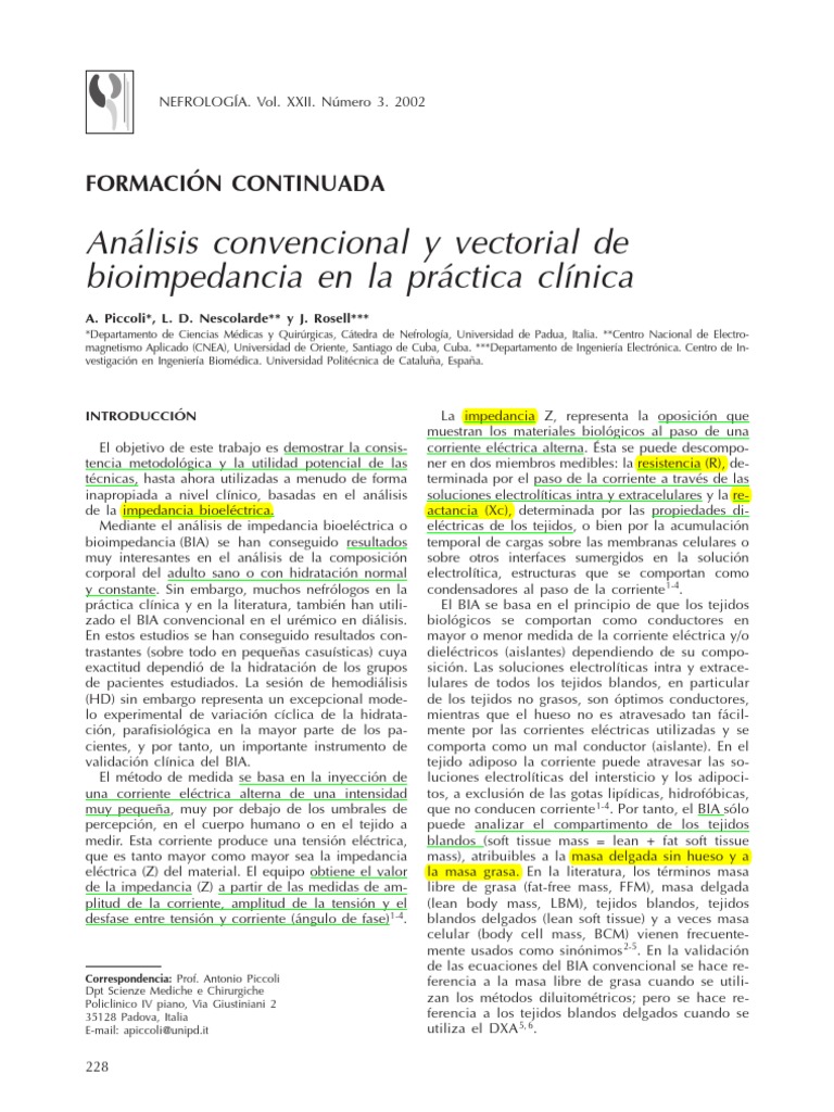 Piccoli. Análisis Convencional y Vectorial de Bioimpedancia en La Práctica Clínica | PDF ...