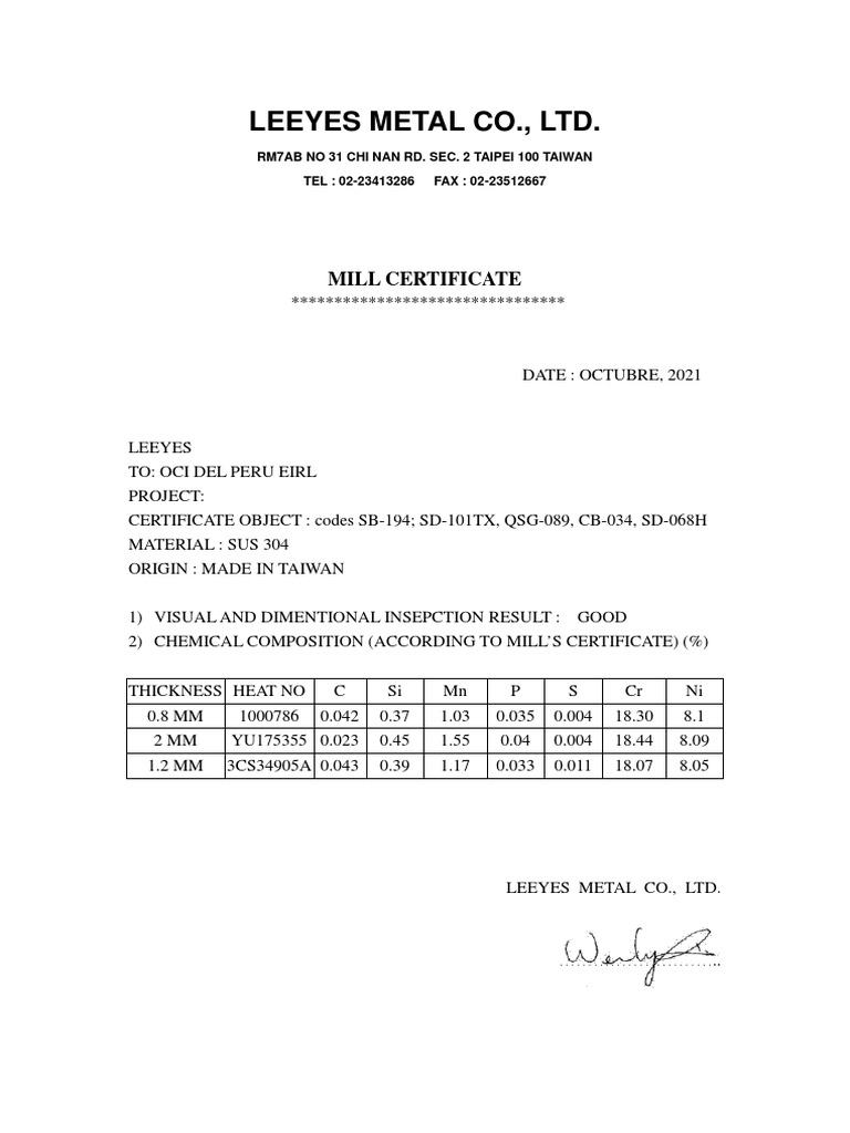 Rivelsa Mill Certification 2021 - LEEYES | PDF