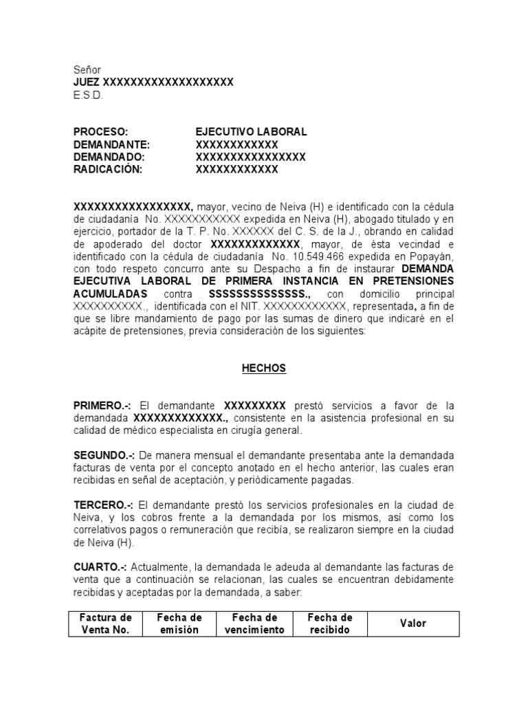 Modelo Demanda Ejecutiva Laboral Con Pretensiones Acumuladas | PDF | Demanda judicial | Justicia