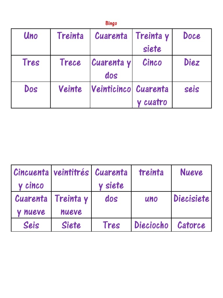 BINGO Escirtura de Números | PDF